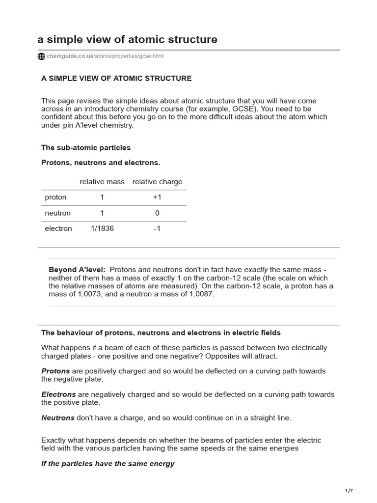 Chemguide - Co.uk-A Simple View of Atomic Structure | PDF | Atoms | Proton