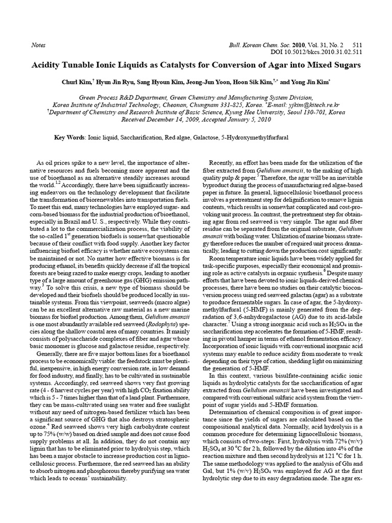 Acidity Tunable Ionic Liquids As Catalys | PDF | Biofuel | Hydrolysis
