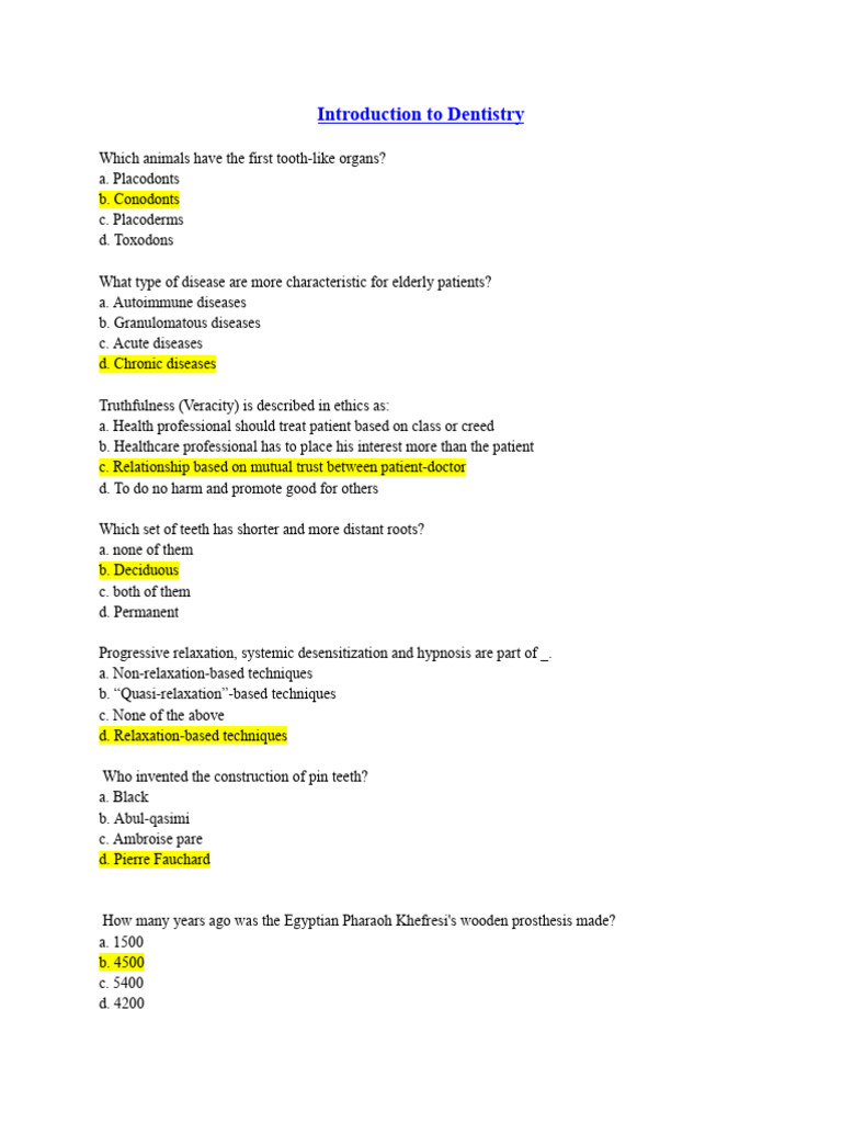 Introduction To Dentistry Questions | PDF | Orthodontics | Dentistry