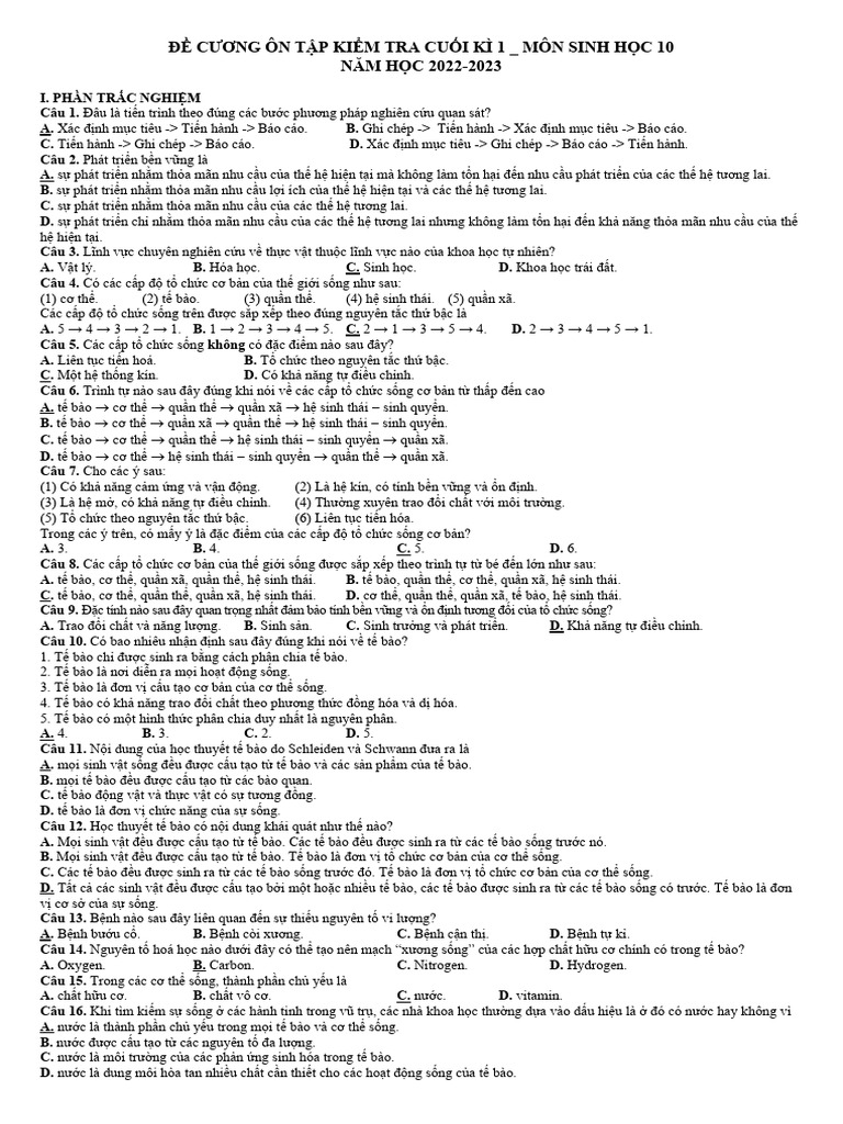De Cuong On Tap Kiem Tra Cuoi Ki 1 Sinh Hoc 10 NH 2022 2023 | PDF