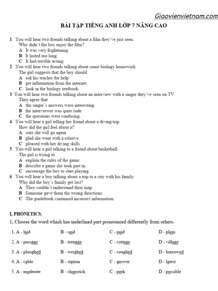Bai Tap Tieng Anh Lop 7 Nang Cao | PDF