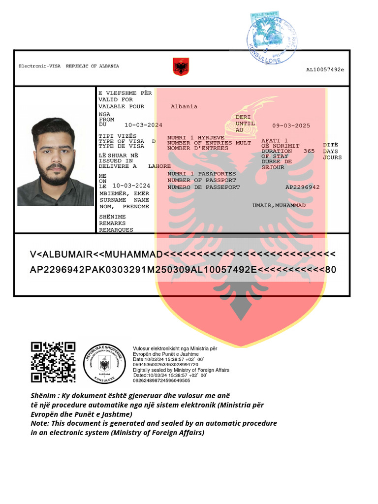 Electronic-VISA REPUBLIC OF ALBANIA MEHMOOD FAISA - 231204 - 153454 | PDF