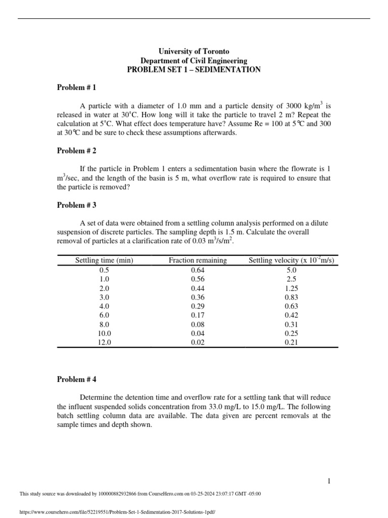 Problem Set 1 Sedimentation 2017 Solutions 1 PDF | PDF | Applied And Interdisciplinary Physics