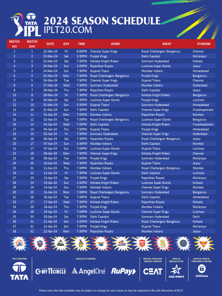 IPL 2024 Schedule and Match Timings | PDF | Cricket | Cricket Competitions