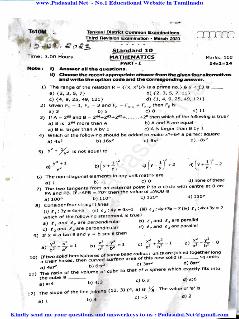 10th Maths EM 3rd Revision Exam 2023 Original Question Paper Thenkasi ...