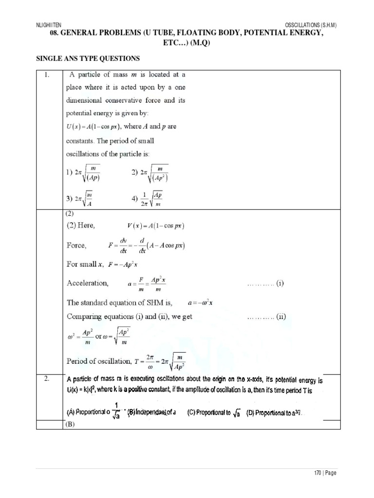 08 General Problems U Tube, Floating Body, Potential Energy, Etc | PDF ... 08 General Problems U Tube, Floating Body, Potential Energy, Etc | PDF ...