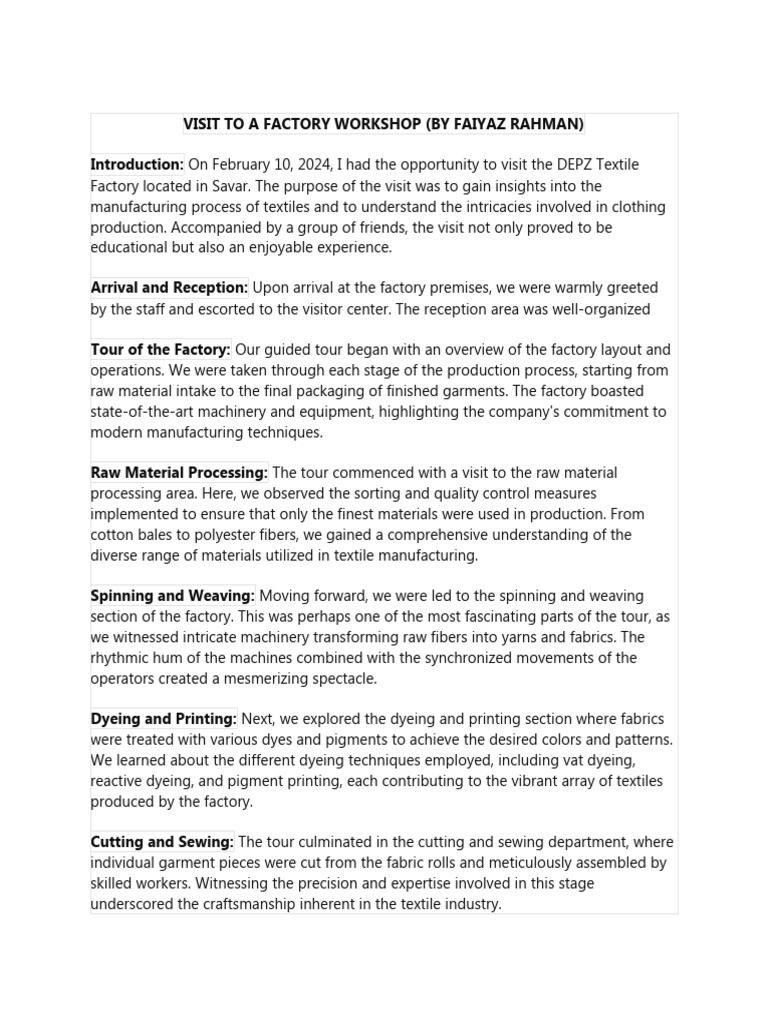 Visit To A Factory Workshop | PDF | Textiles | Dyeing