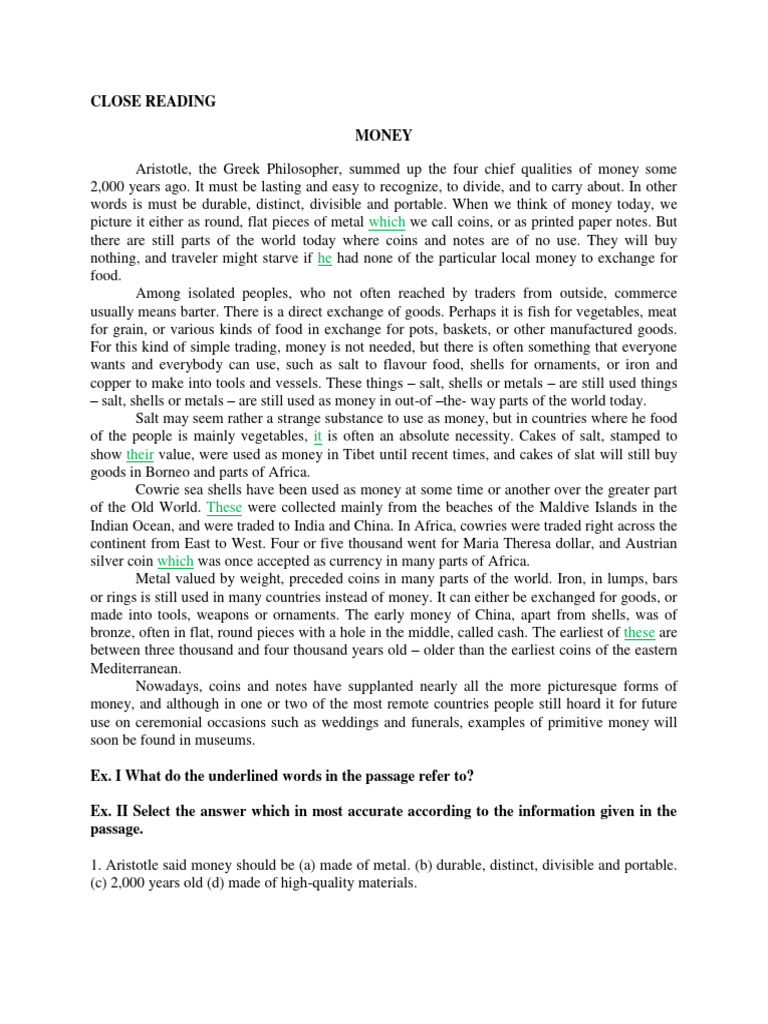 Close Reading (MONEY) | PDF | Money | Coins