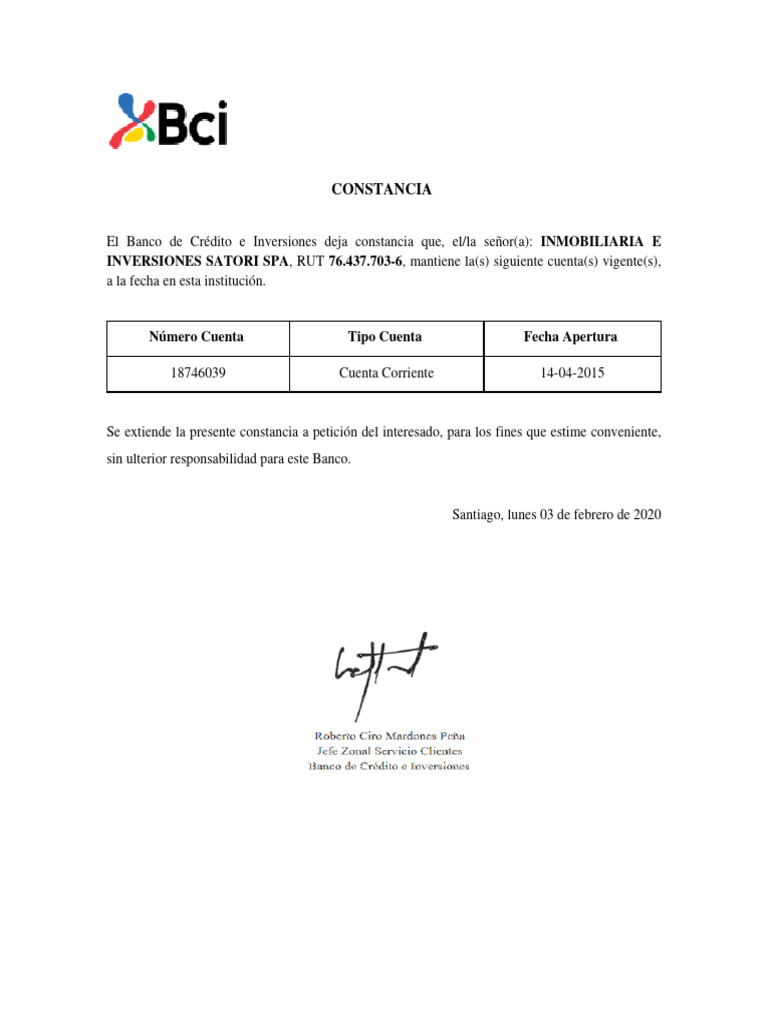 Certificado de Cta en Banco BCI | PDF