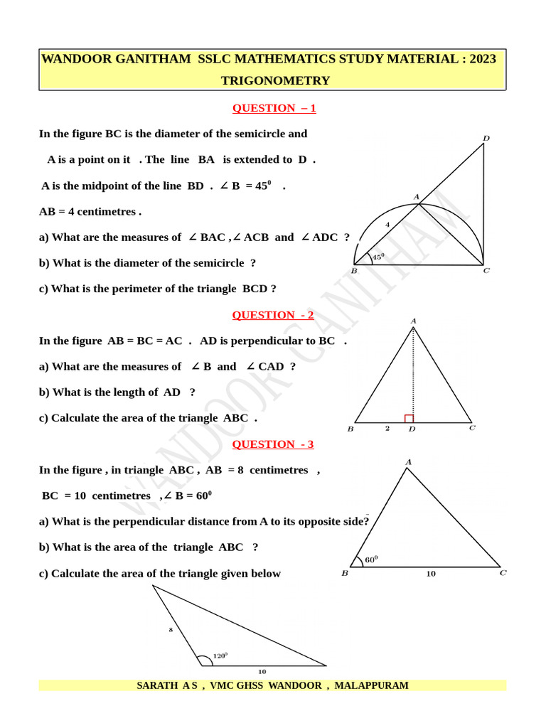 SSLC Mathematics Important Questions Chap 5 EM TRIGONOMETRY | PDF ...