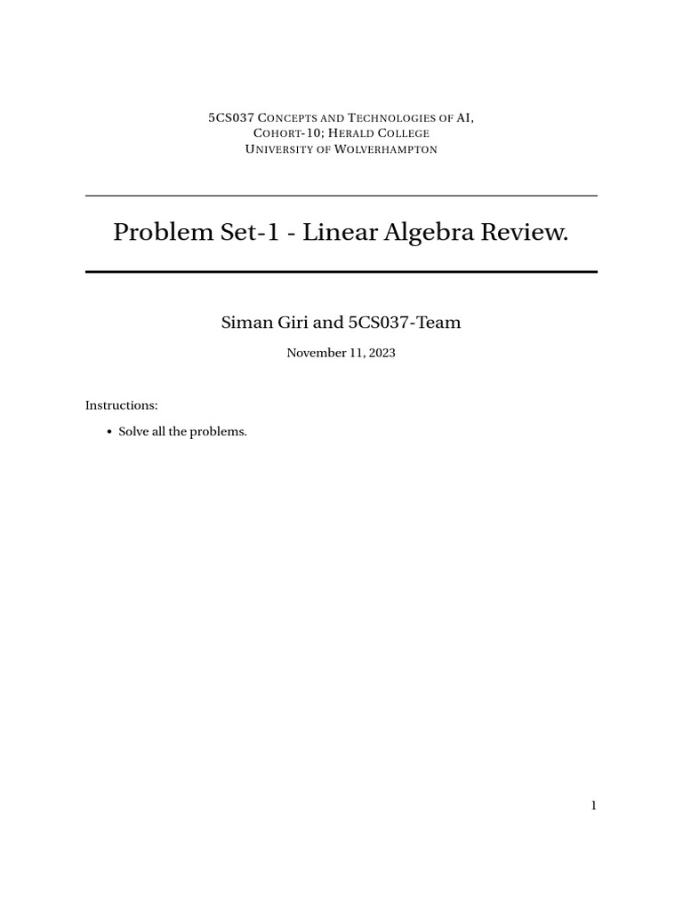 AI Linear Algebra Problem Set | PDF | Matrix (Mathematics) | Functions ...