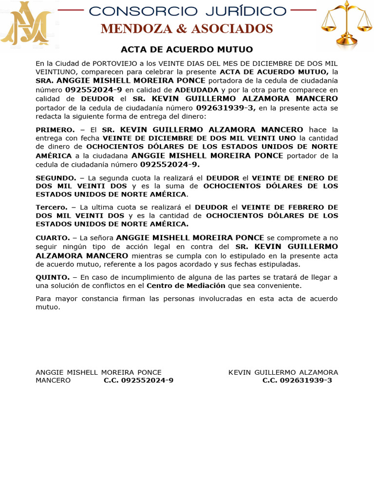 ACTA DE ACUERDO MUTUO | PDF