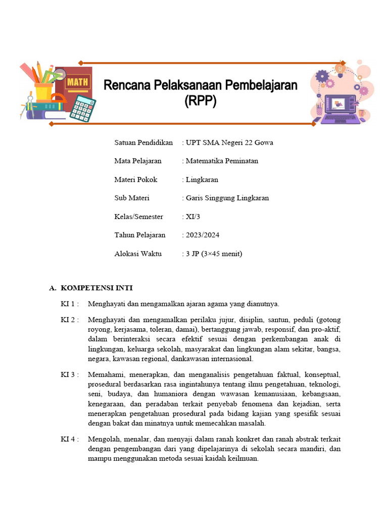 RPP Persamaan Garis Singgung Lingkaran | PDF
