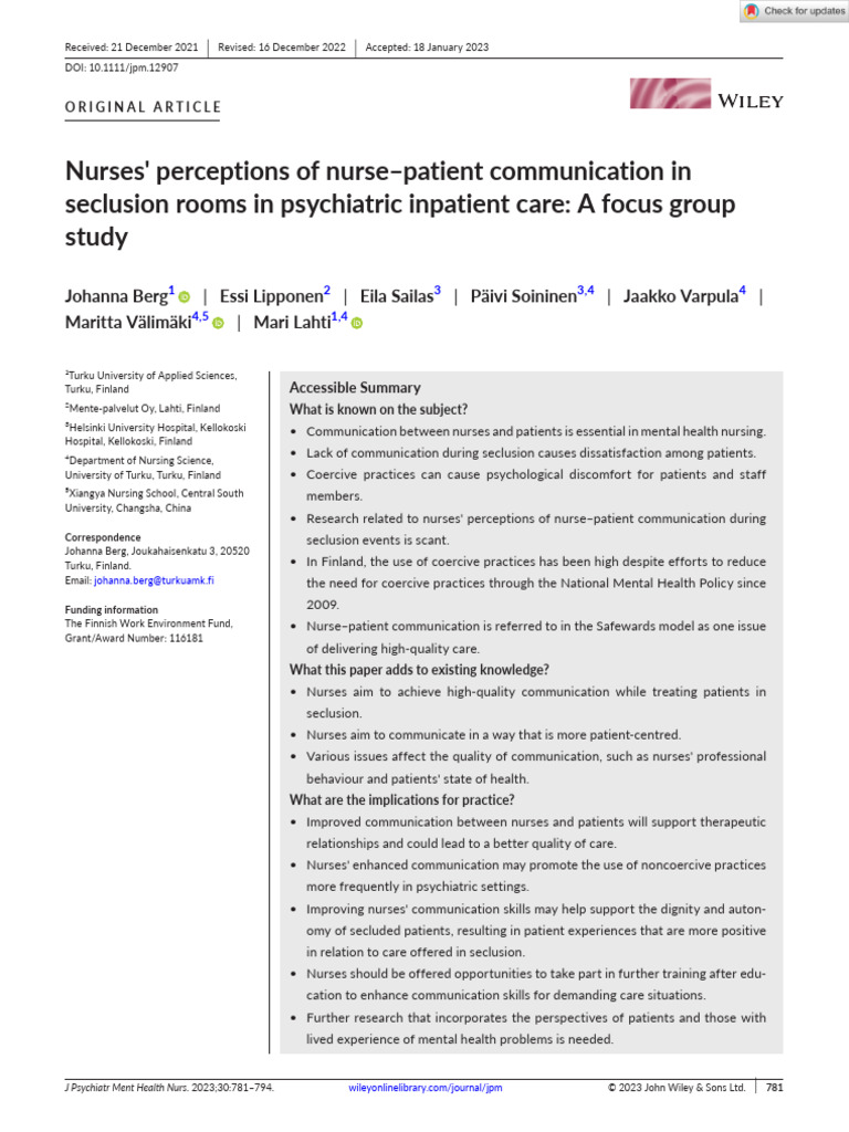 Nurses' Views on Communication in Psychiatric Seclusion | PDF | Nursing ...
