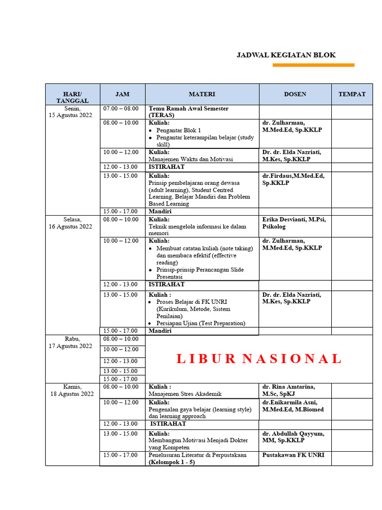 Jadwal Kegiatan Blok 1 Tahun 2022 | PDF | Sains & Matematika