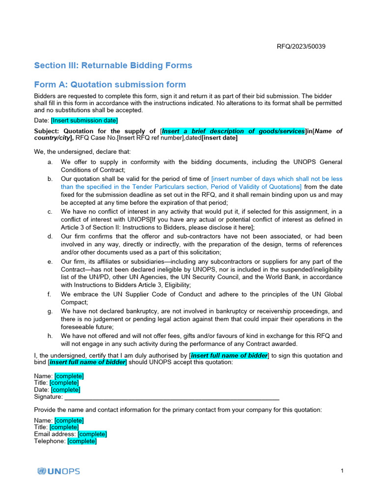 RFQ_Section_III_Returnable Bidding Forms-RFQ-2023-50039_Rev 1 (1) | PDF | Usb | Computing