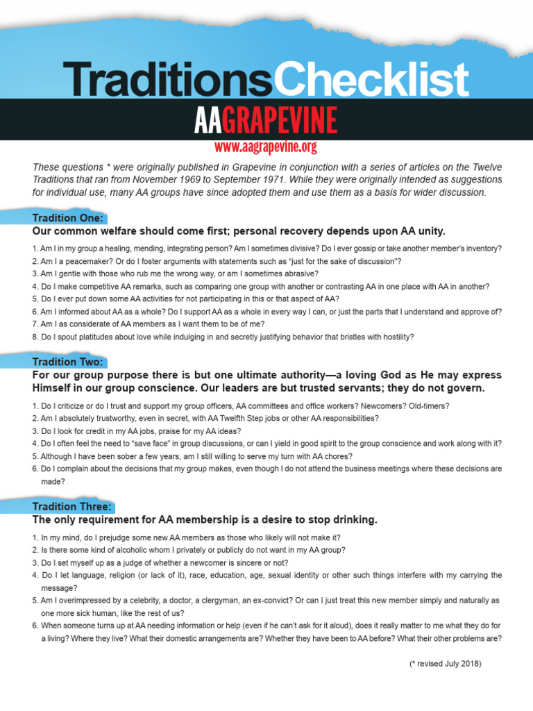 GV Traditions Checklist 2018 | PDF | Alcoholics Anonymous | Twelve Step Program