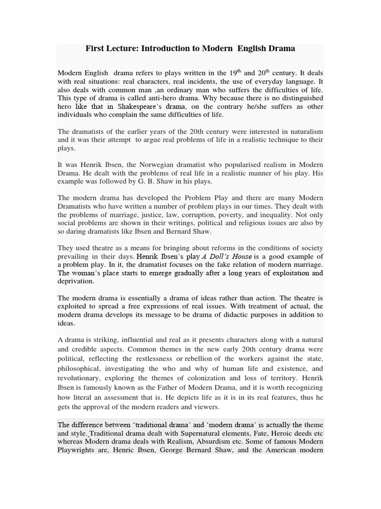 First Lecture: Introduction To Modern English Drama: TH TH | PDF | Realism (Arts) | Play (Theatre)