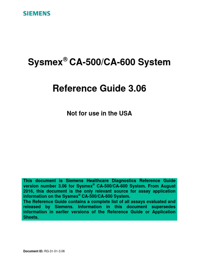 Sysmex CA-500 CA-600 System Reference Guide 3.06 | PDF | Coagulation ...