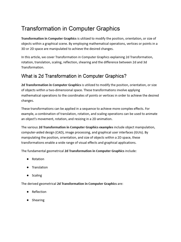 Transformation In Computer Graphics Pdf 2 D Computer Graphics Cartesian Coordinate System
