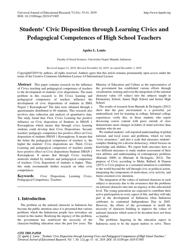 Students Civic Disposition Through Learn | PDF | Teachers | Pedagogy
