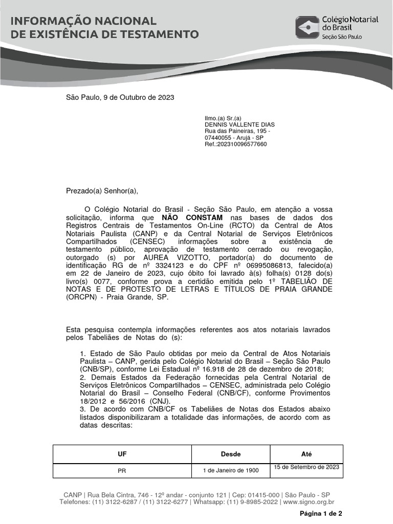 Certidão Negativa de Testamento | PDF | Brasil