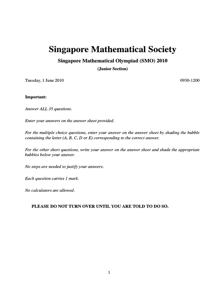 Junior Section - First Round - SMO Singapore Mathematical Olympiad 2010 ...