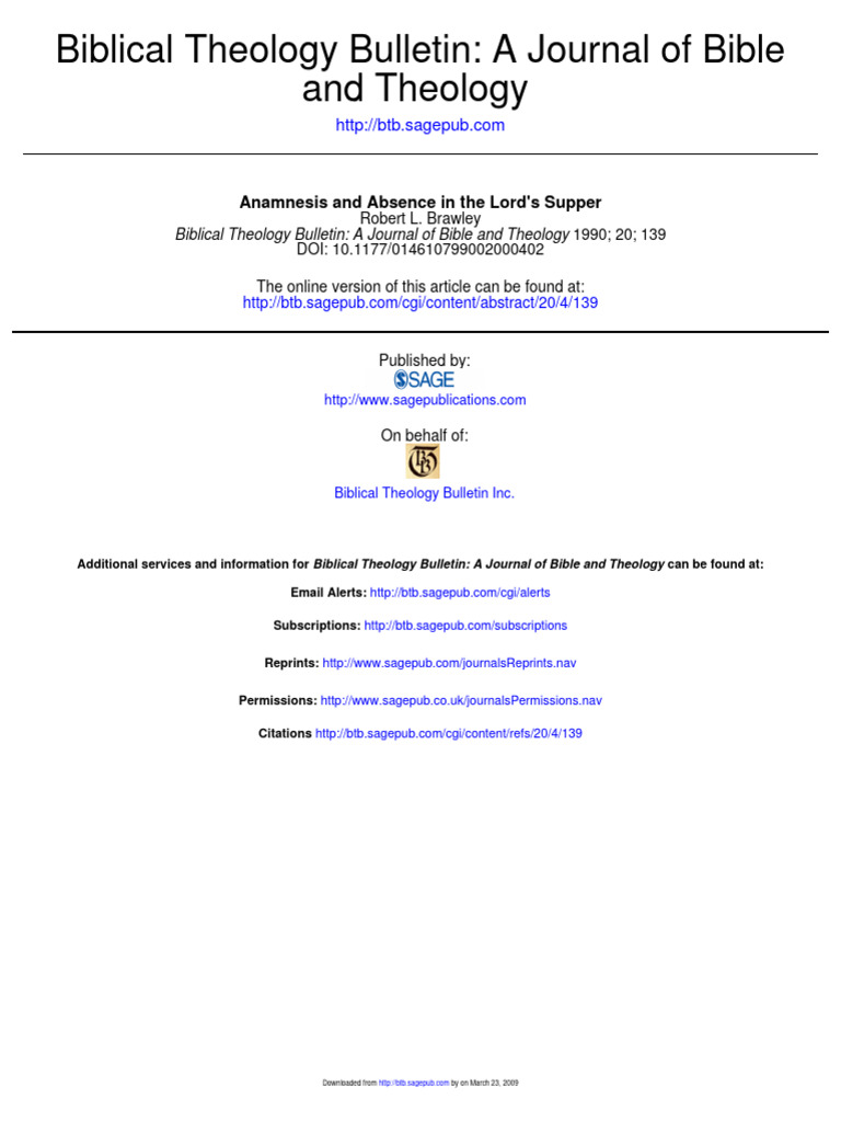 Anamnesis and Absence in The Lord's Supper - Brawley, Robert L | PDF ...