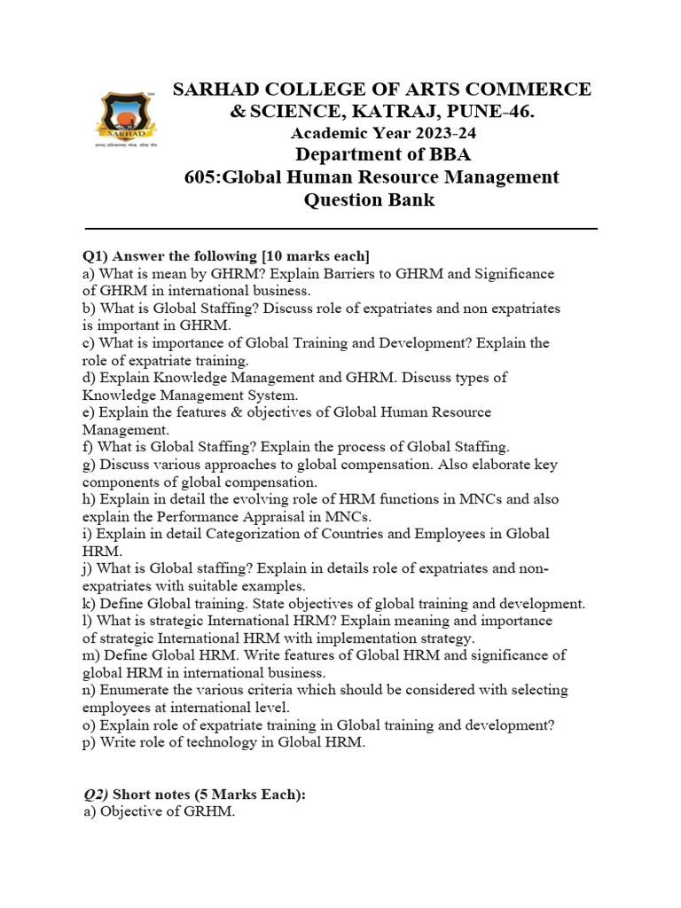 TYBBA Global Human Resource Management Question Bank 2024 | PDF | Human Resource Management ...