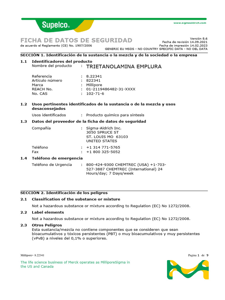 CoAs... Trietanolamina Grado XRM. SDS (Supelco-Merck) | PDF | Agua ...