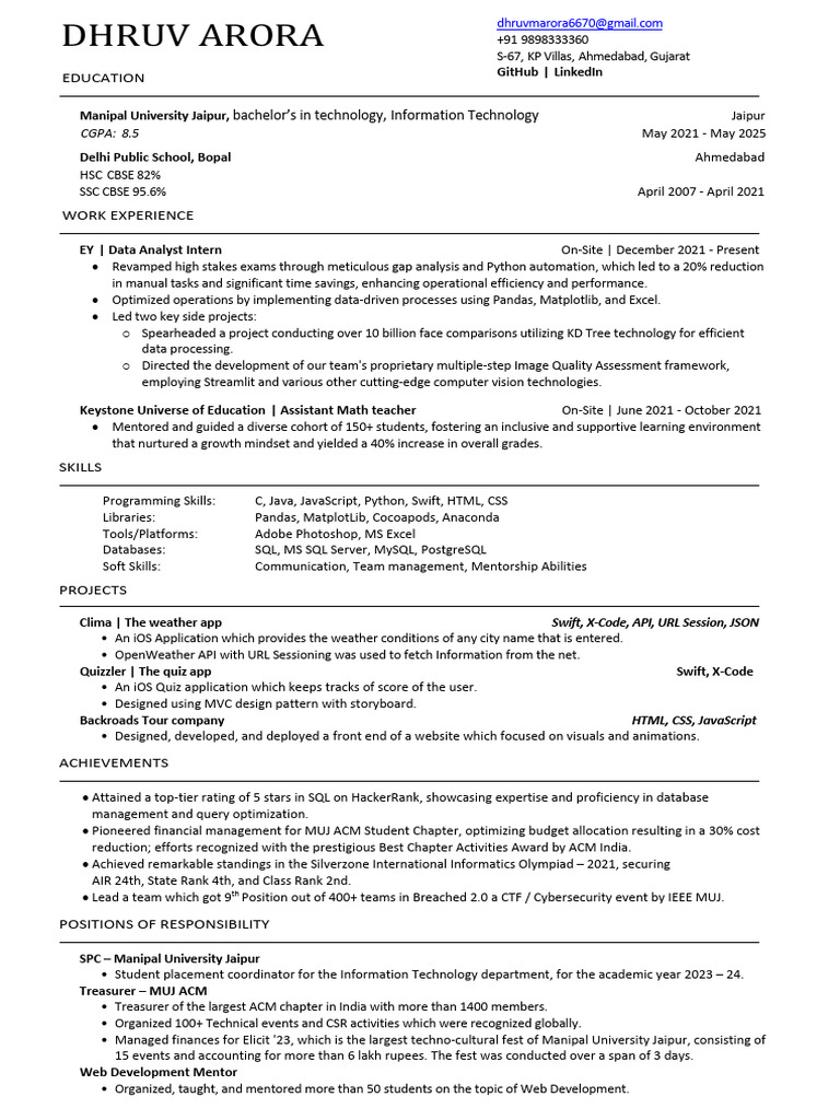 Dhruv Arora - Resume | PDF | Web Development | Sql