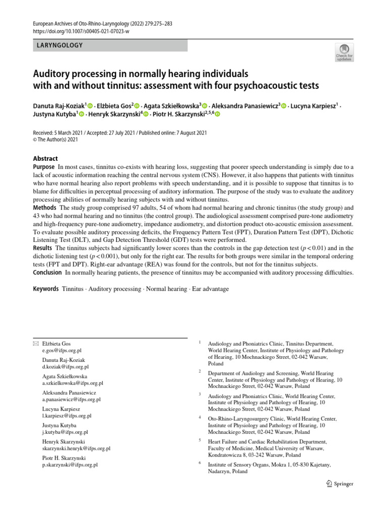 Auditory Processing in Normally Hearing Individuals With and Without ...
