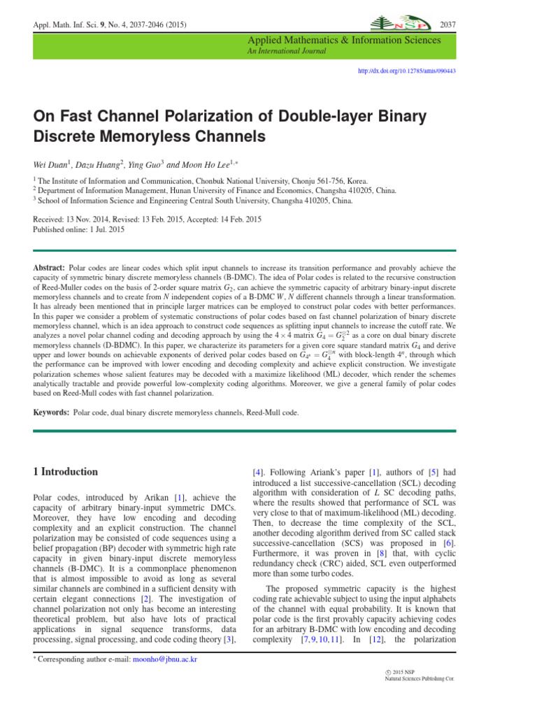 On Fast Channel Polarization of Double-Layer Binary Discrete Memo | PDF | Code | Theoretical ...