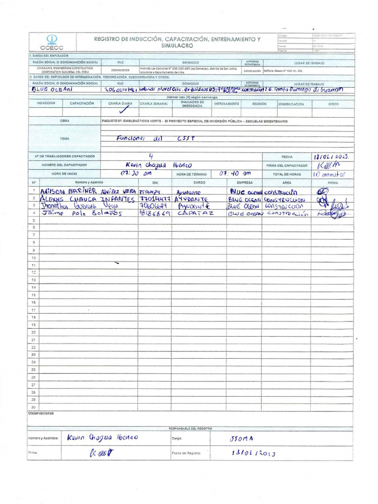 Registro de Induccion, Capacitacion, Entrenamiento y Simulacro 18-01-2023 | PDF