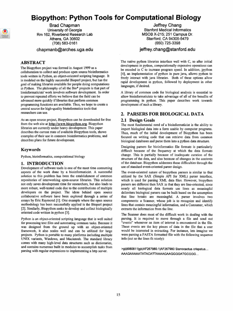 Biopython: Tools for Bioinformatics | PDF | Parsing | Common Object ...