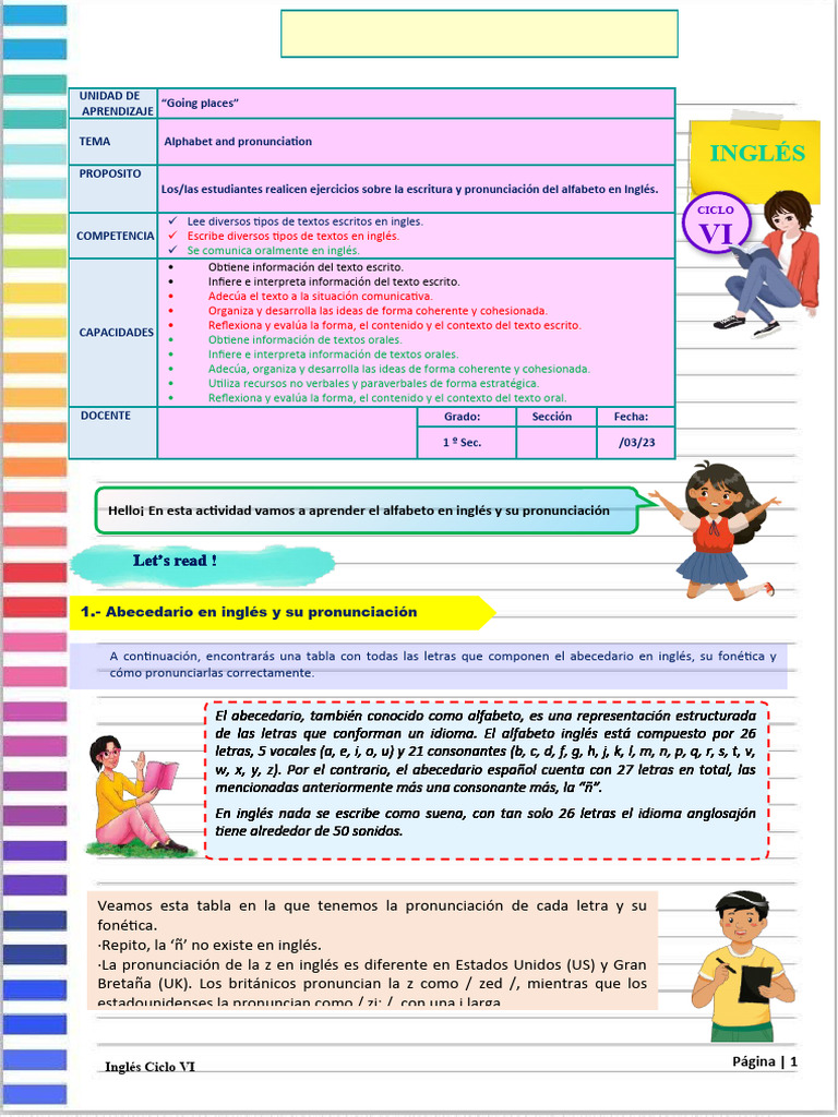 1° Ingl - Ficha Actv 01.unidad 01 | PDF | Alfabeto | Idioma en Inglés