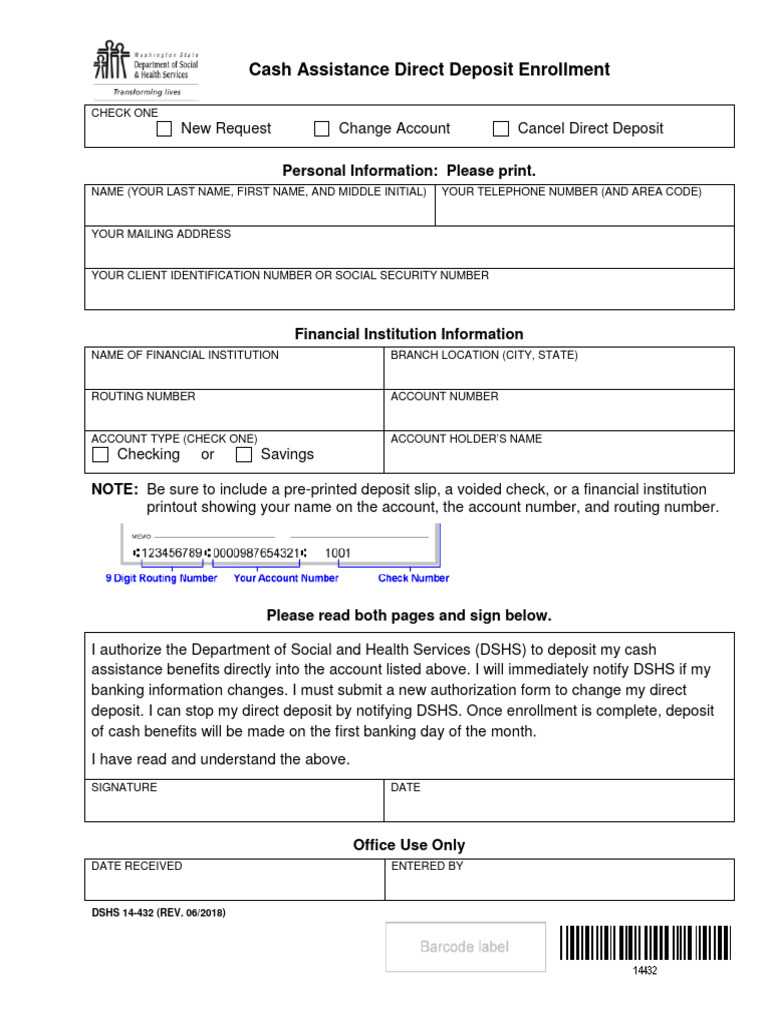 Cash Assistance Direct Deposit Form | PDF | Deposit Account | Cheque