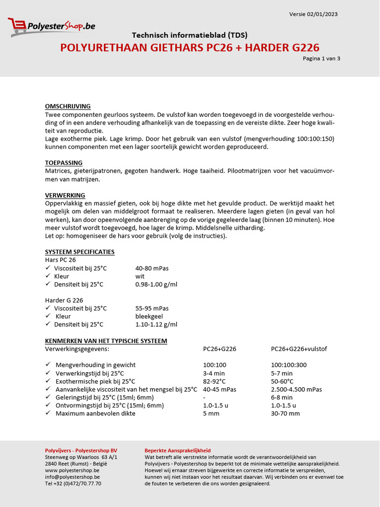 Technisch Informatieblad (TDS) Polyurethaan Giethars PC26 +harder G226 | PDF