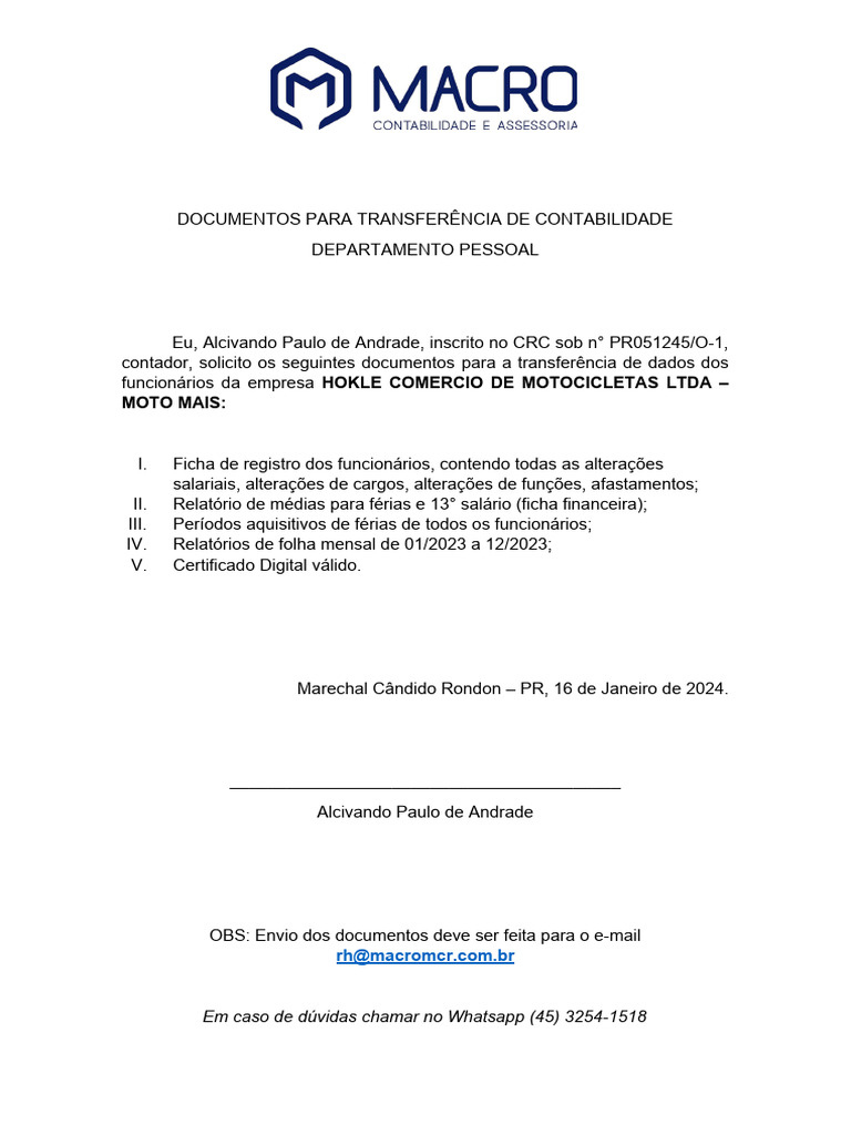 Declaração Transferencia de Funcionarios - Moto Mais | PDF Declaração Transferencia de Funcionarios - Moto Mais | PDF
