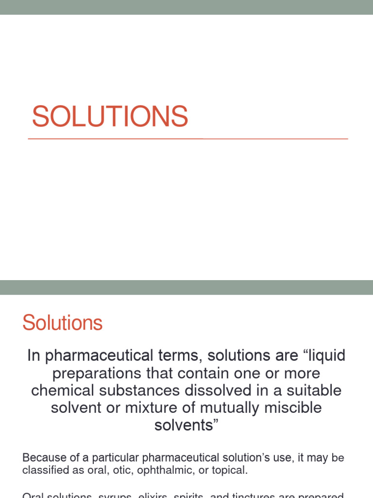 Pharmaceutical Solutions Overview | PDF | Solubility | Chemistry