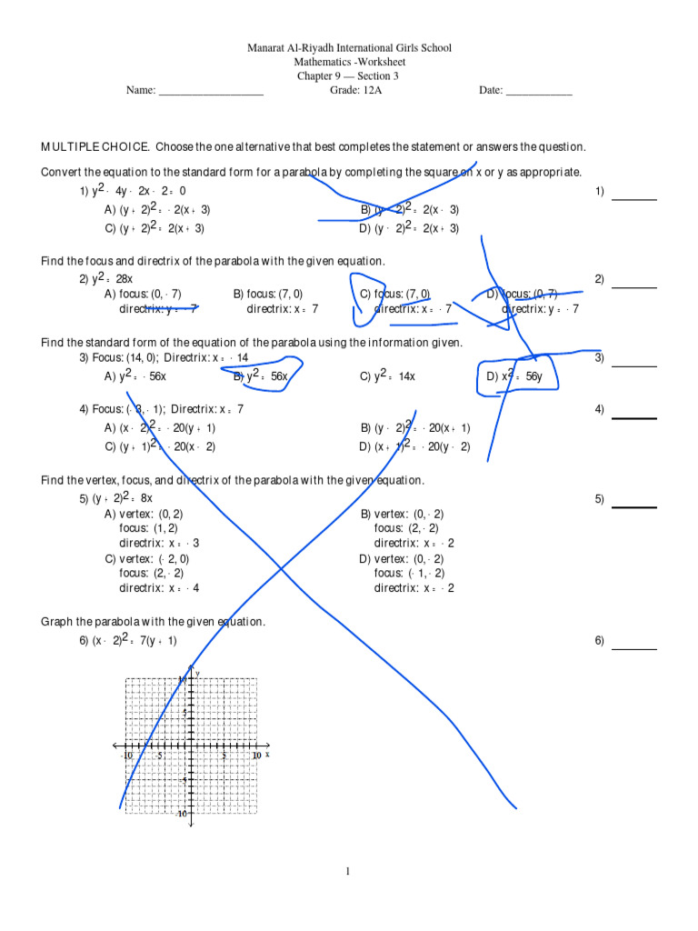 section 10.3 The Parabola worksheet | PDF