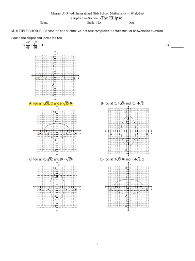 Ellipse Mathematics Worksheet for 12A | PDF | Analytic Geometry ...