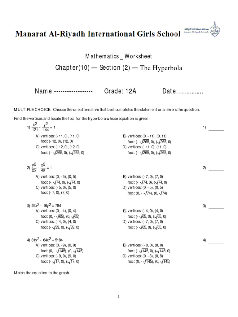 Section 10.2 The Hyperbola Worksheets | PDF | Asymptote | Analytic Geometry