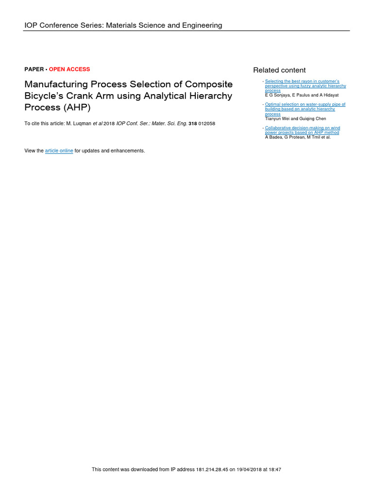 Manufacturing Process Selection of Composite Bicyc | PDF | Composite Material | Materials