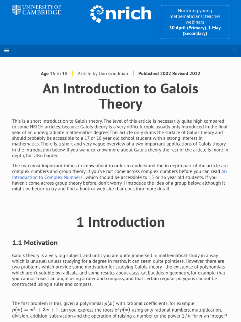 An Introduction To Galois Theory | PDF | Field (Mathematics) | Group (Mathematics)