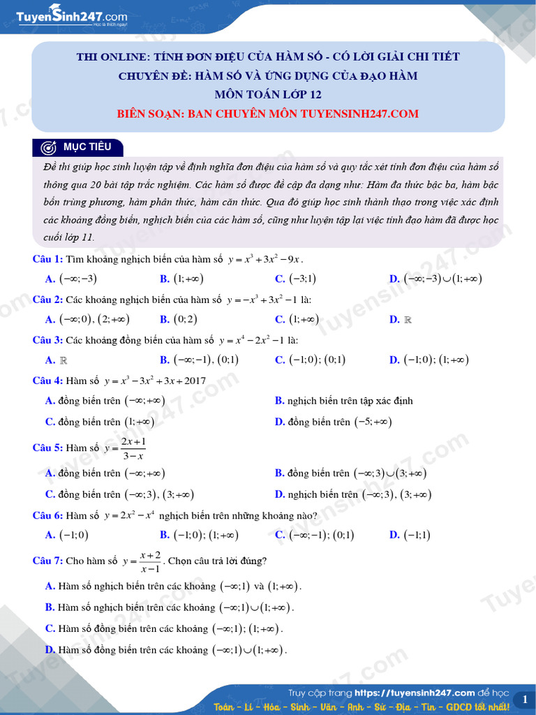 De Thi BTVN Luyen Tap Tinh Don Dieu Cua Ham So 1687503096 PDF | PDF