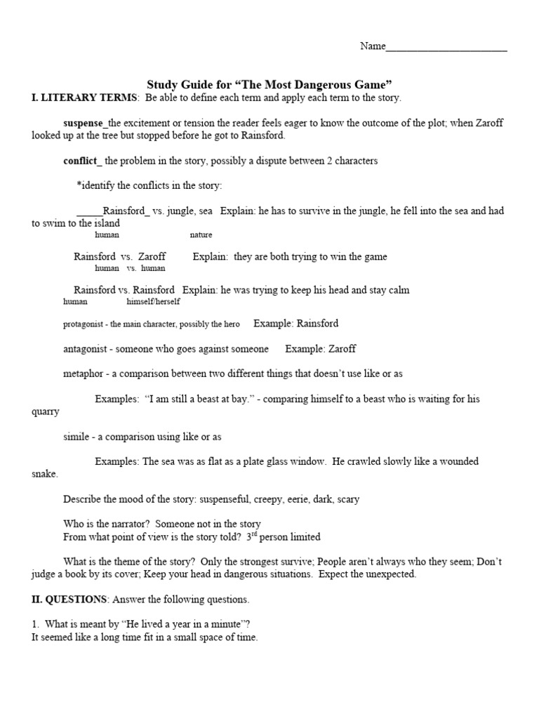 Most Dangerous Game Study Guide KH Answers | PDF | General Fiction