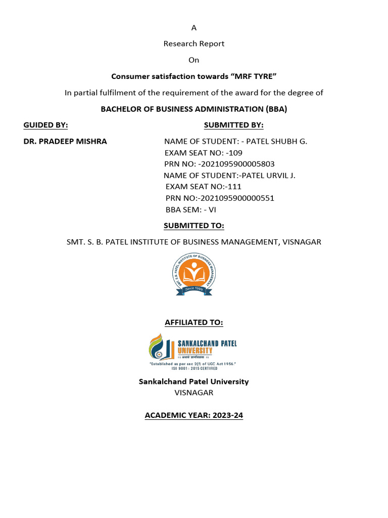 MRF Tyre Report Shubh 1 | PDF | Customer Satisfaction | Customer