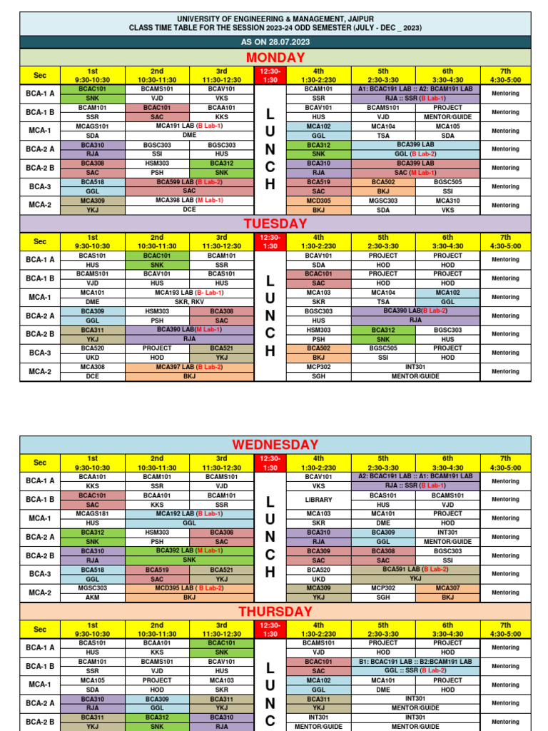 UEM Jaipur 2023-24 Odd Semester Timetable | PDF