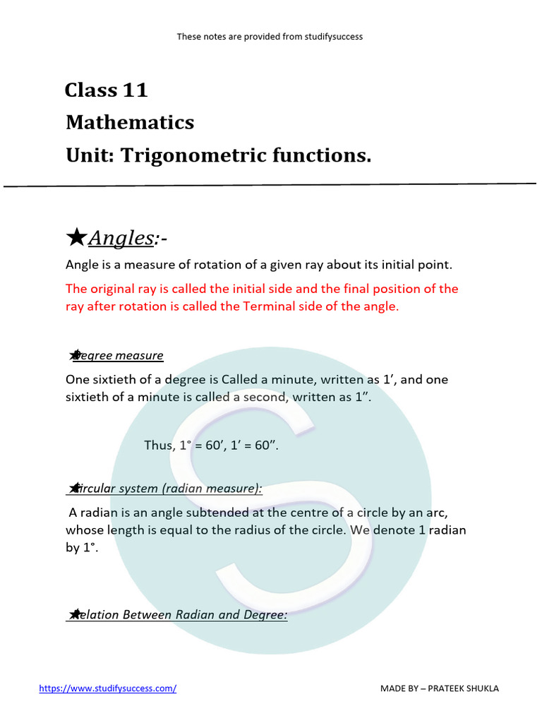 Class 11 Trigonometric Functions Notes | PDF | Trigonometric Functions ...